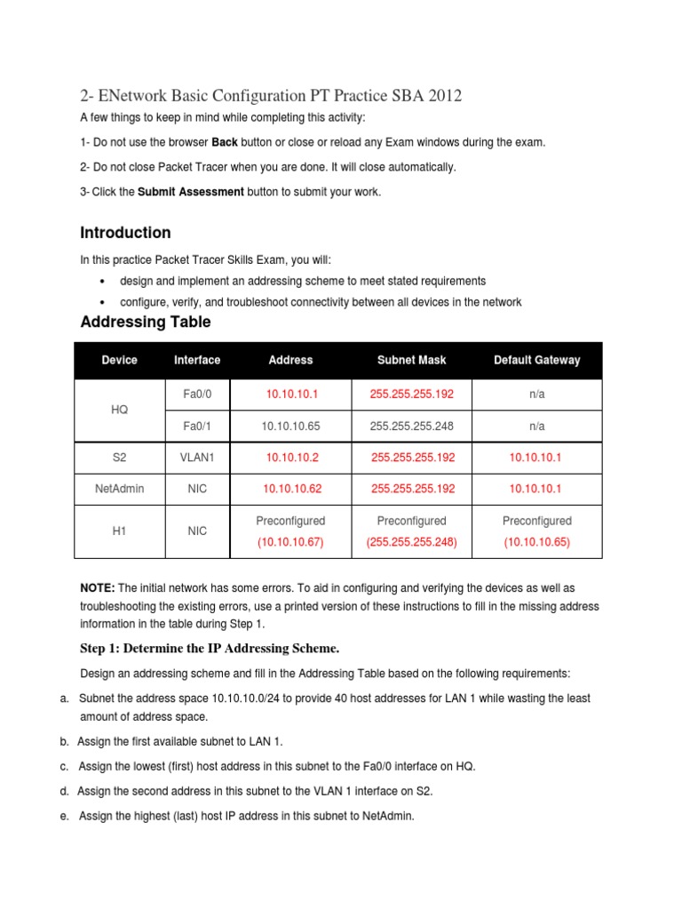 2 - Enetwork Basic Configuration PT Practice SBA 2012 | PDF | Computer Network | Router (Computing)