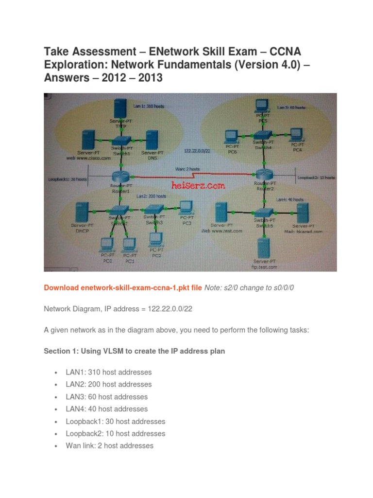 Take Assessment - Enetwork Skill Exam - Ccna Exploration: Network Fundamentals (Version 4.0 ...