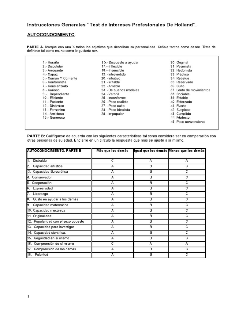 Test Holland 1 | Liderazgo | Liderazgo y tutoría | Prueba gratuita de ...
