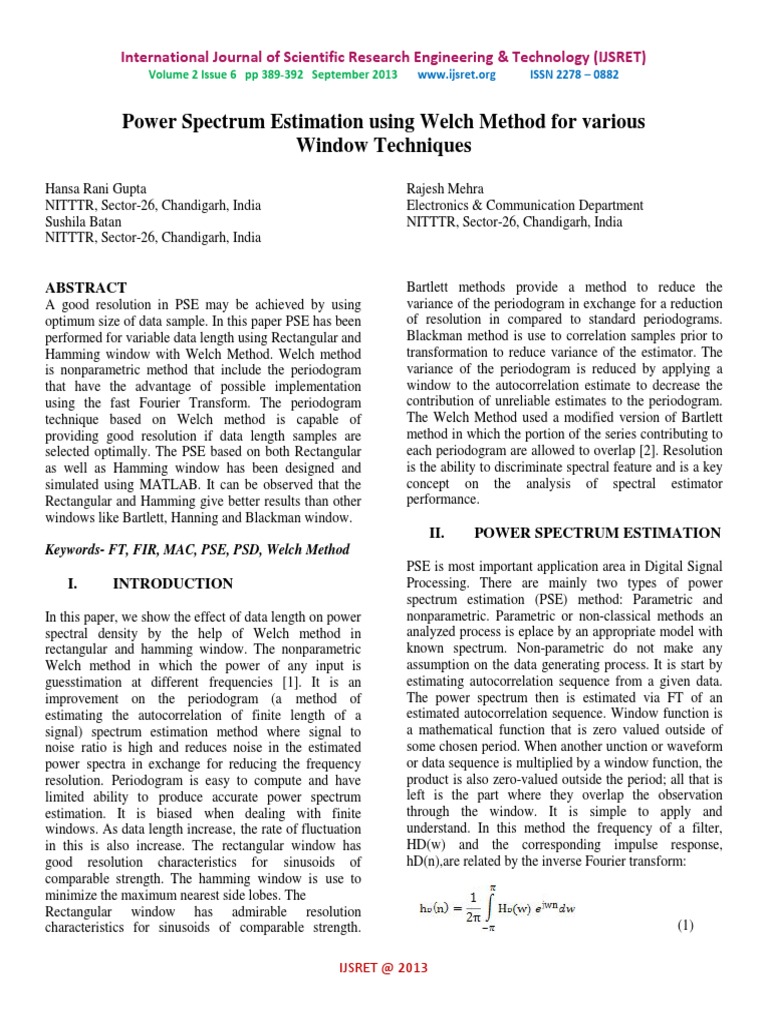 Power Spectrum Estimation Using Welch Method For Various Window ...