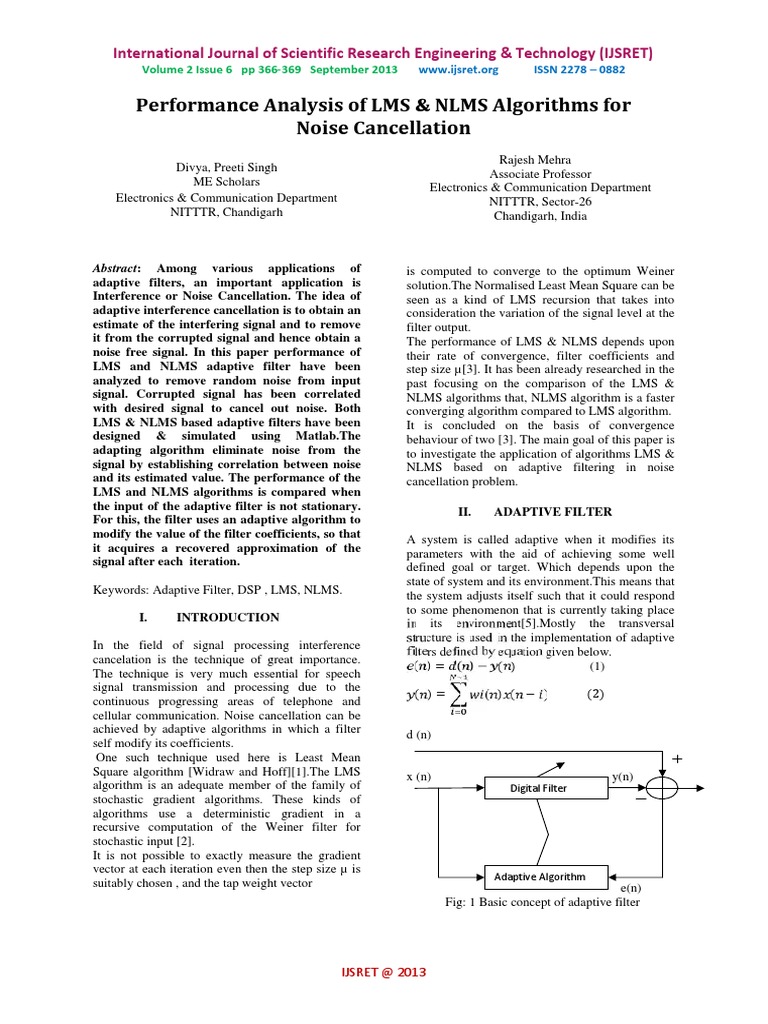 Performance Analysis Of Lms And Nlms Algorithms For Noise Cancellation Pdf Telecommunications