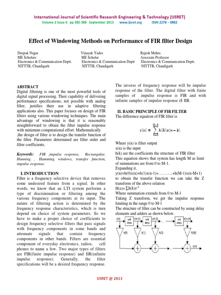 Effect Of Windowing Methods On Performance Of Fir Filter Design Pdf Digital Signal