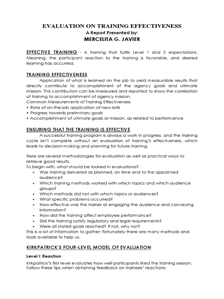 Evaluation On Training Effectiveness | PDF | Employment | Goal