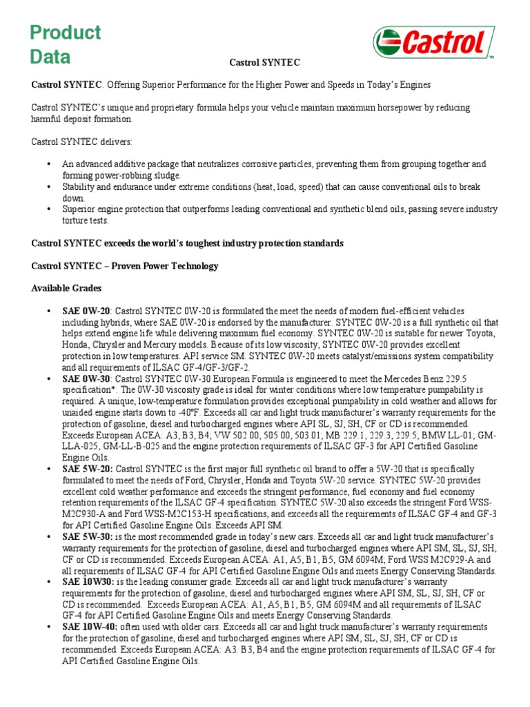 Castrol SYNTEC: Superior Engine Oil Performance | PDF | Motor Oil ...
