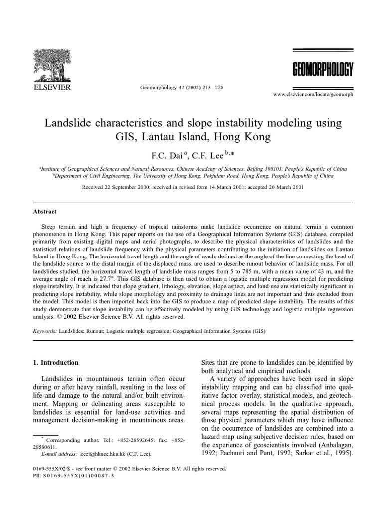 Landslide Characteristics and Slope Instability Modeling Using GIS ...