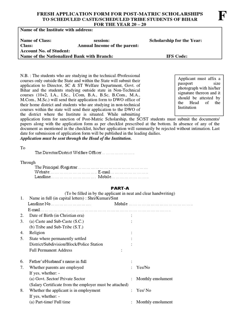 Fresh Application Form For Post-Matric Scholarships: Application Must ...