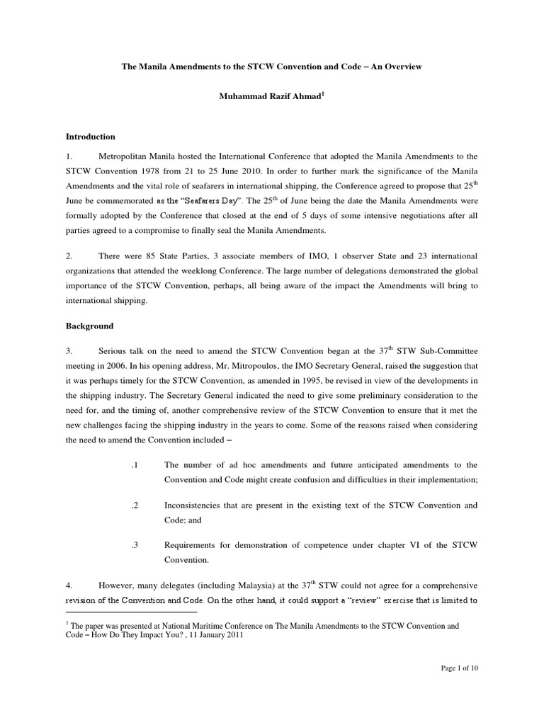 The Manila Amendments To The STCW Convention and Code - An Overview | PDF | International Labour ...