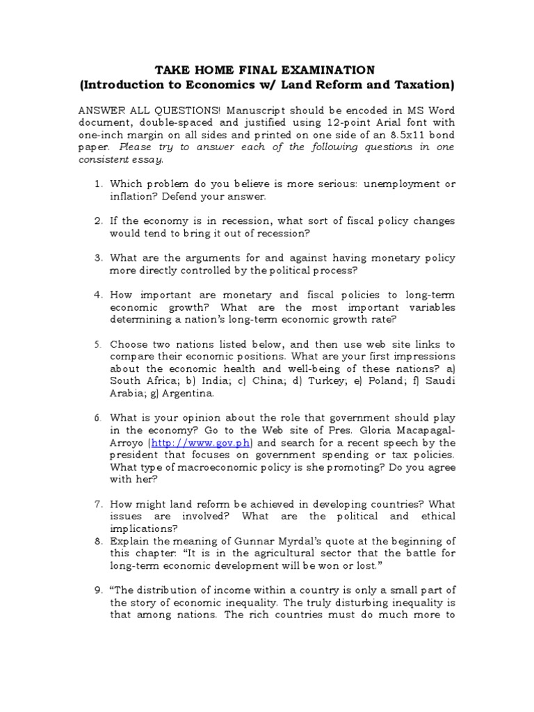 Take Home Final Exam Pdf Recession Fiscal Policy