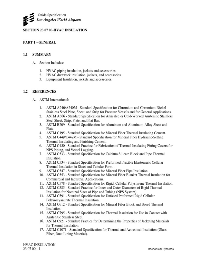 23 07 00 HVAC Insulation | PDF | Duct (Flow) | Pipe (Fluid Conveyance)