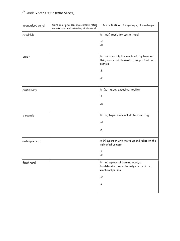 7th Grade Vocabulary Unit 2 Guide | PDF