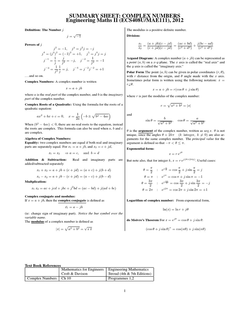Complex Number Summary | PDF | Complex Number | Quadratic Equation