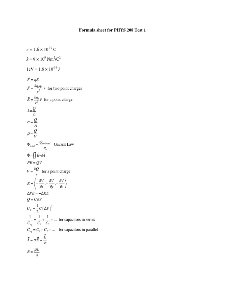Formula Sheet For PHYS 208 Test 1 | PDF | Science & Mathematics