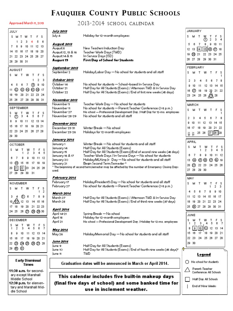 Fauquier County 2013-2014 Calendar | PDF | Academic Term | Holidays