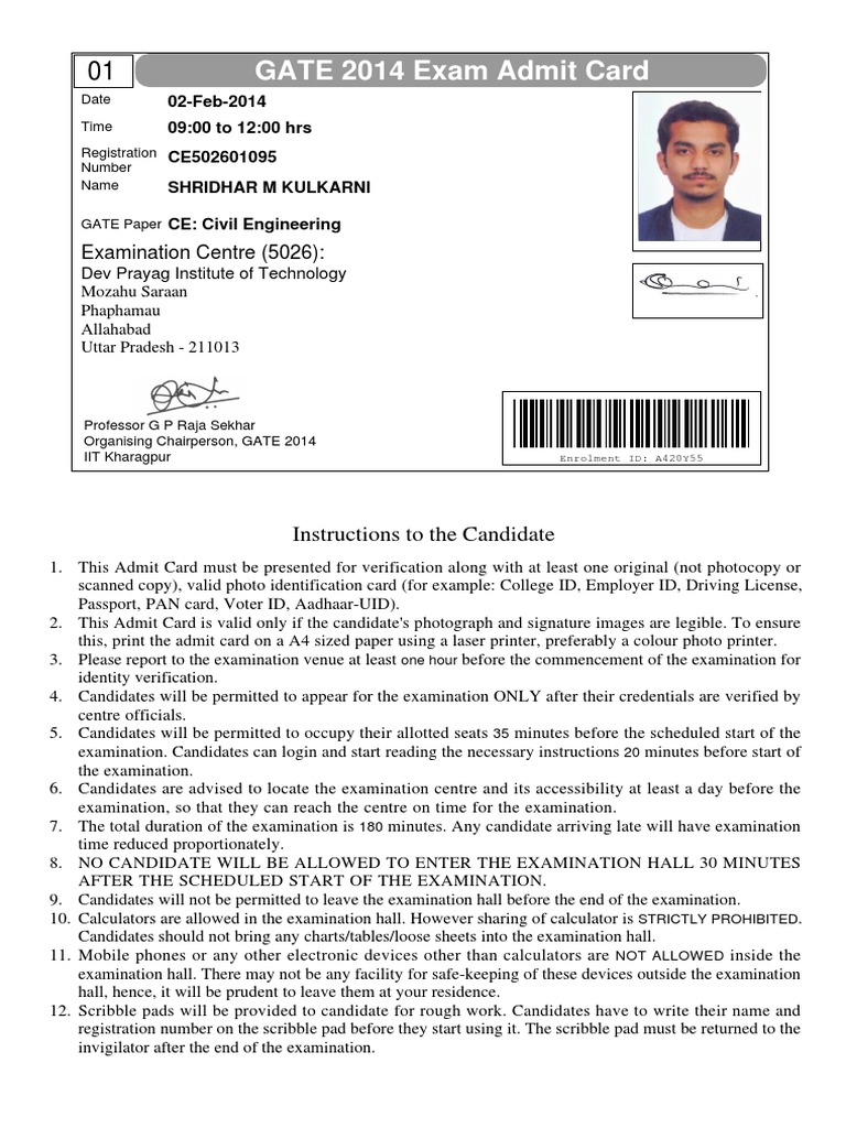 GATE 2014 Exam Admit Card: Examination Centre (5026) | PDF | Identity ...