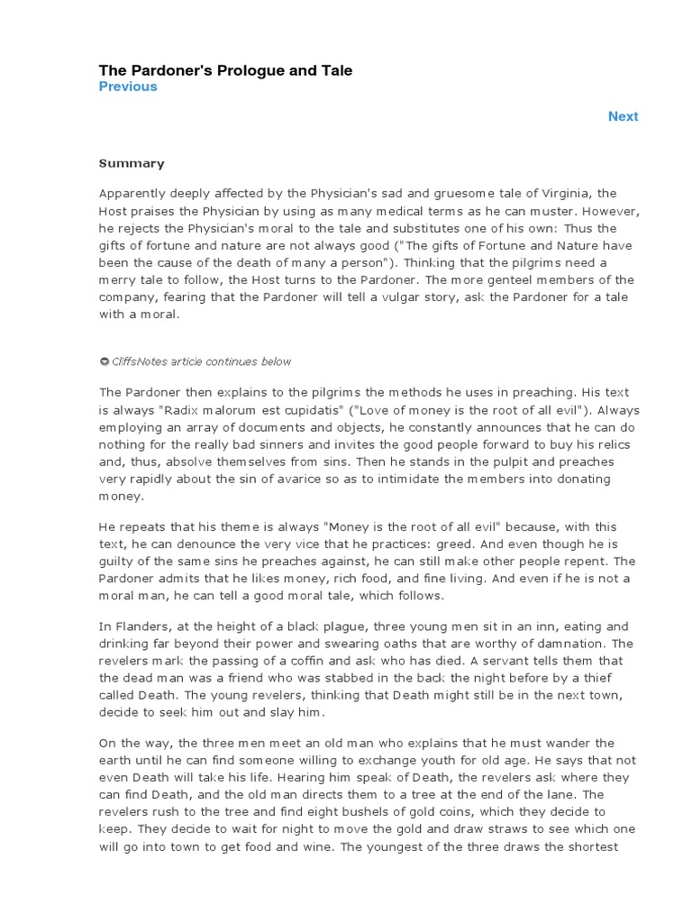 The Pardoner's Prologue and Tale: Previous Next | PDF | Indulgence ...