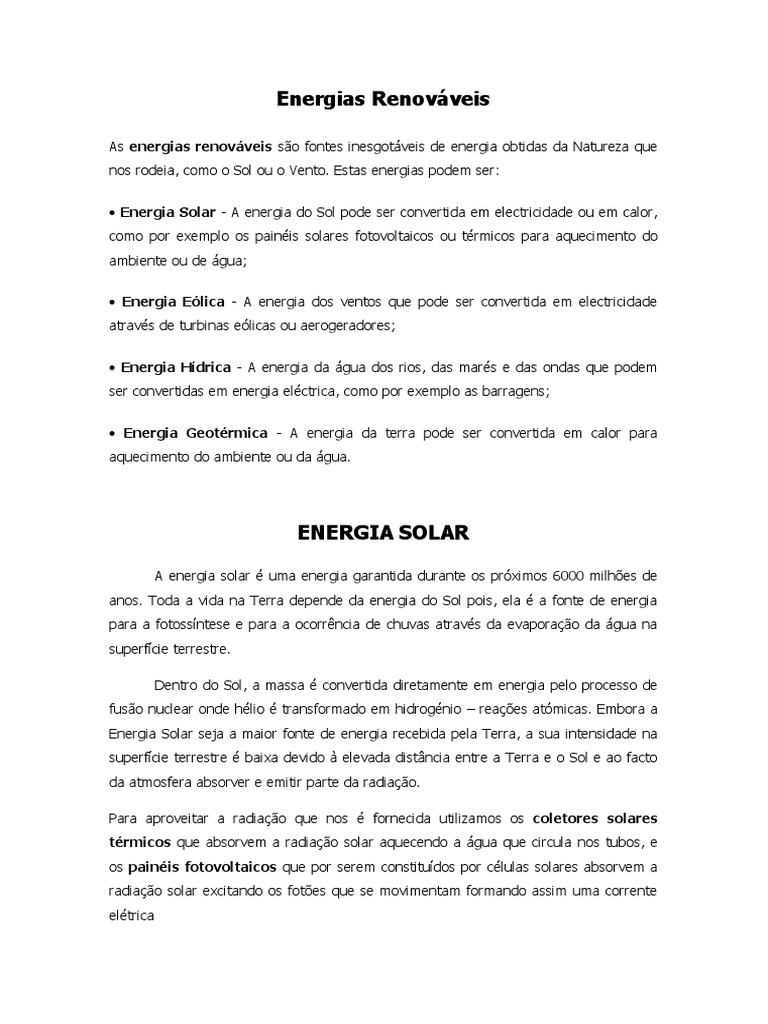 Energias renovaveis.docx | Energia Solar | Universo Físico