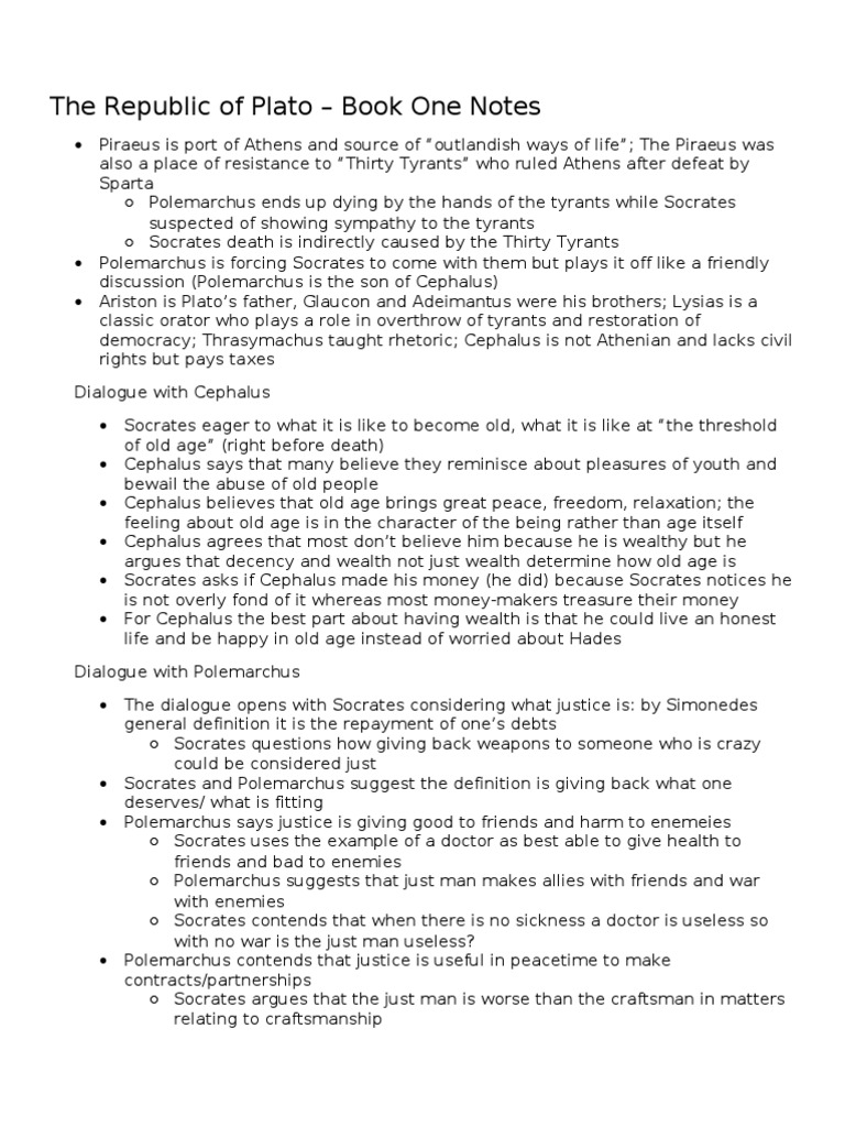 The Republic of Plato - Book One Notes | PDF | Socrates | Justice