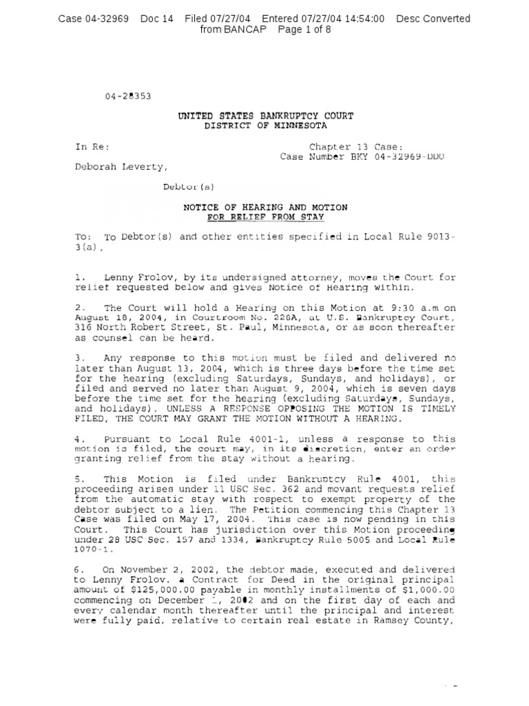 Notice of Hearing and Motion For Relief From Stay Lenny Frolov | PDF ...