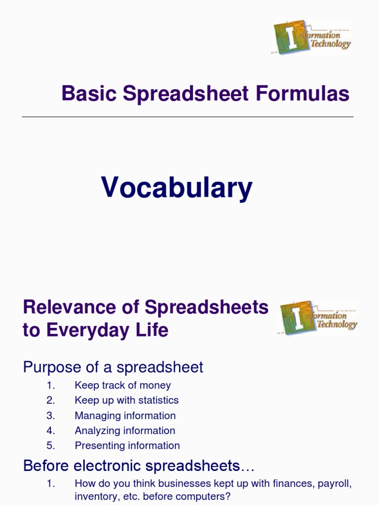 Basic Spreadsheet Formulas: Vocabulary | PDF