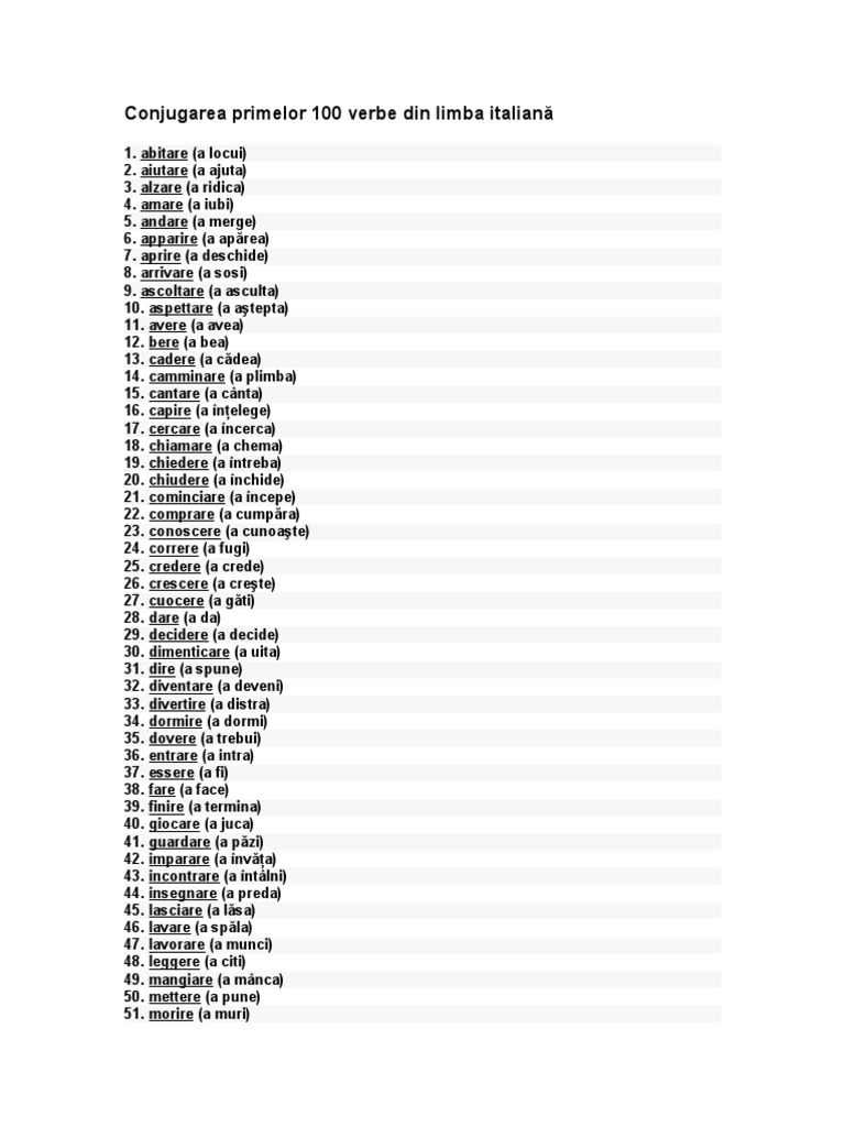 Conjugarea Primelor 100 Verbe Din Limba Italiană | PDF