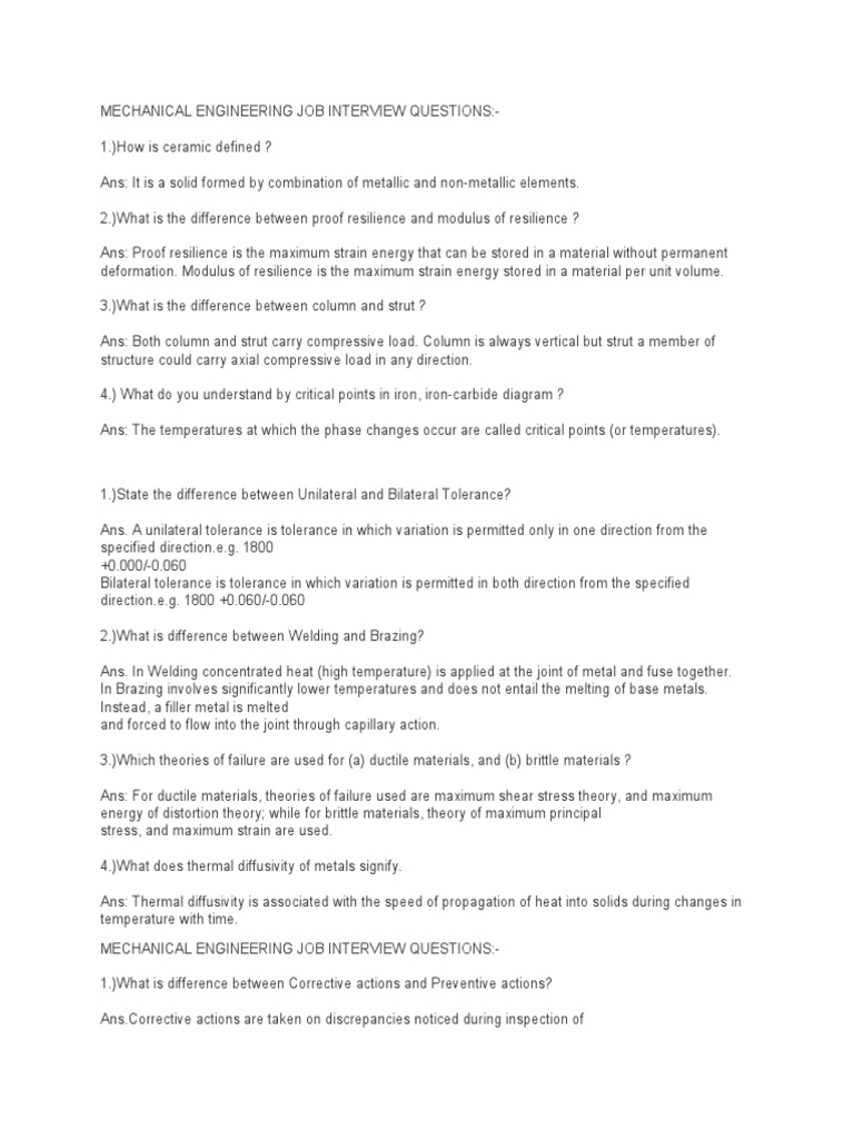 Mechanical Engineering Job Interview Questions | PDF | Internal ...