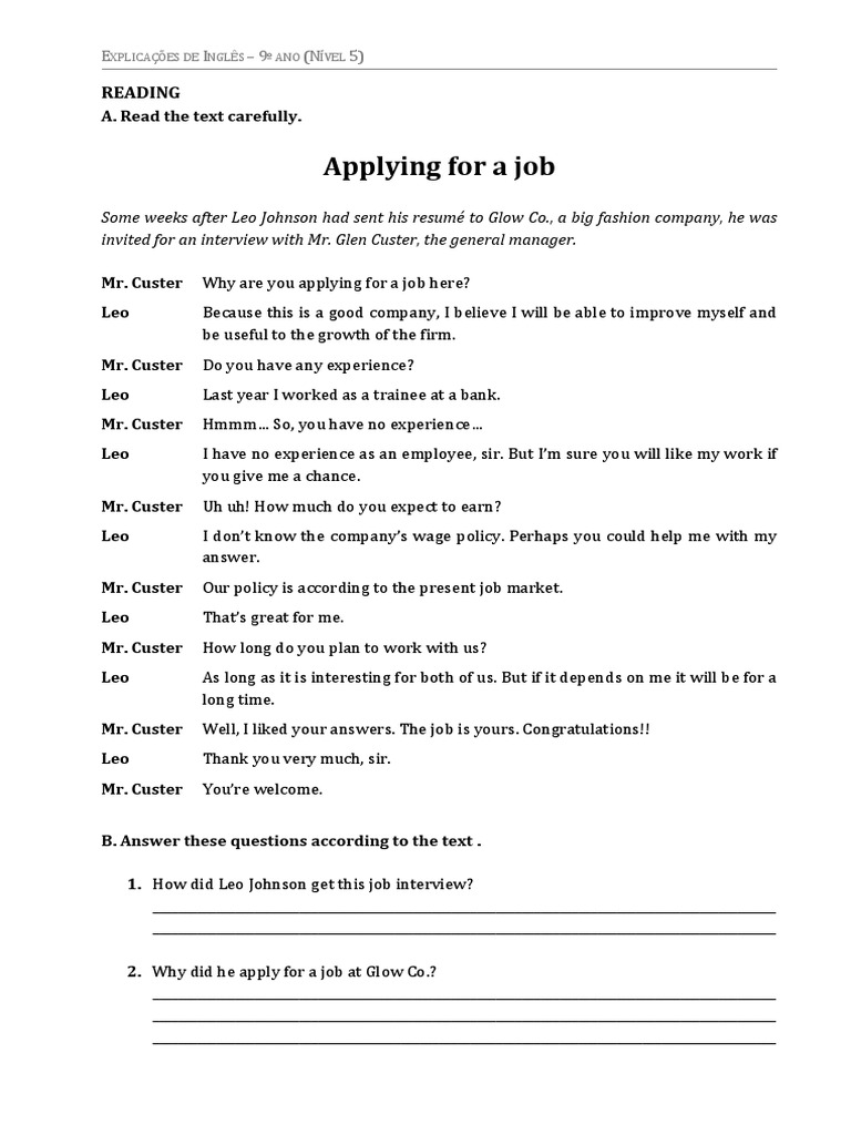 Job Interview Practice for 9th Grade | PDF | Employment | Labour
