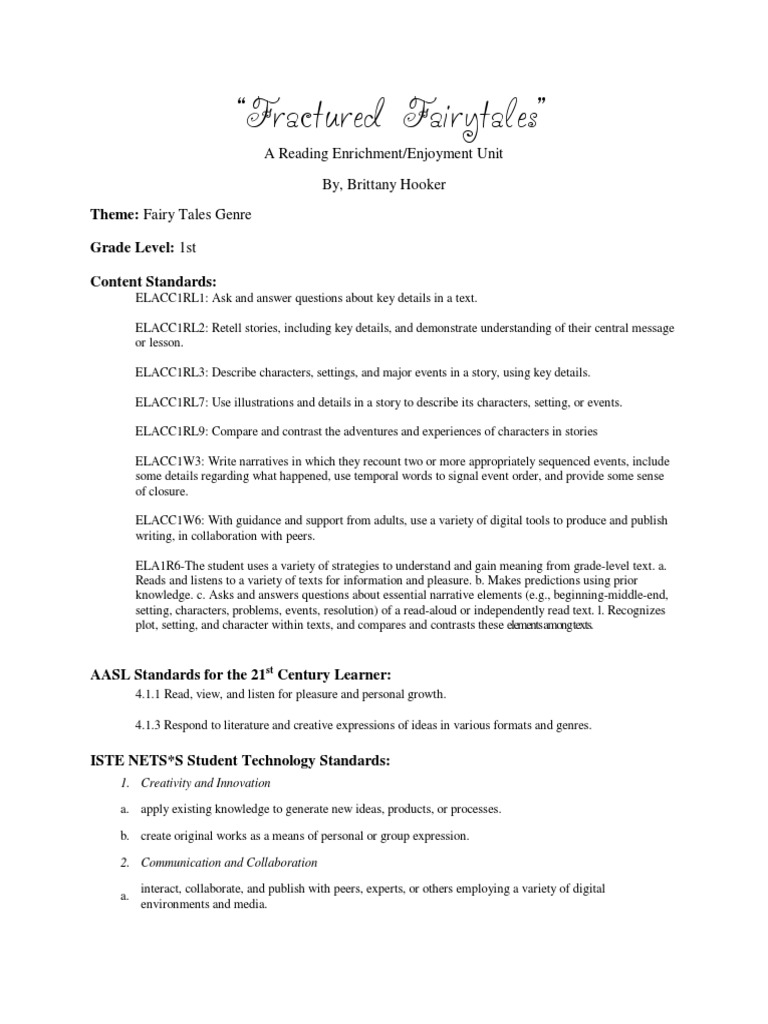 Fractured Fairy Tales Unit Plan | PDF | Fairy Tales | Narrative
