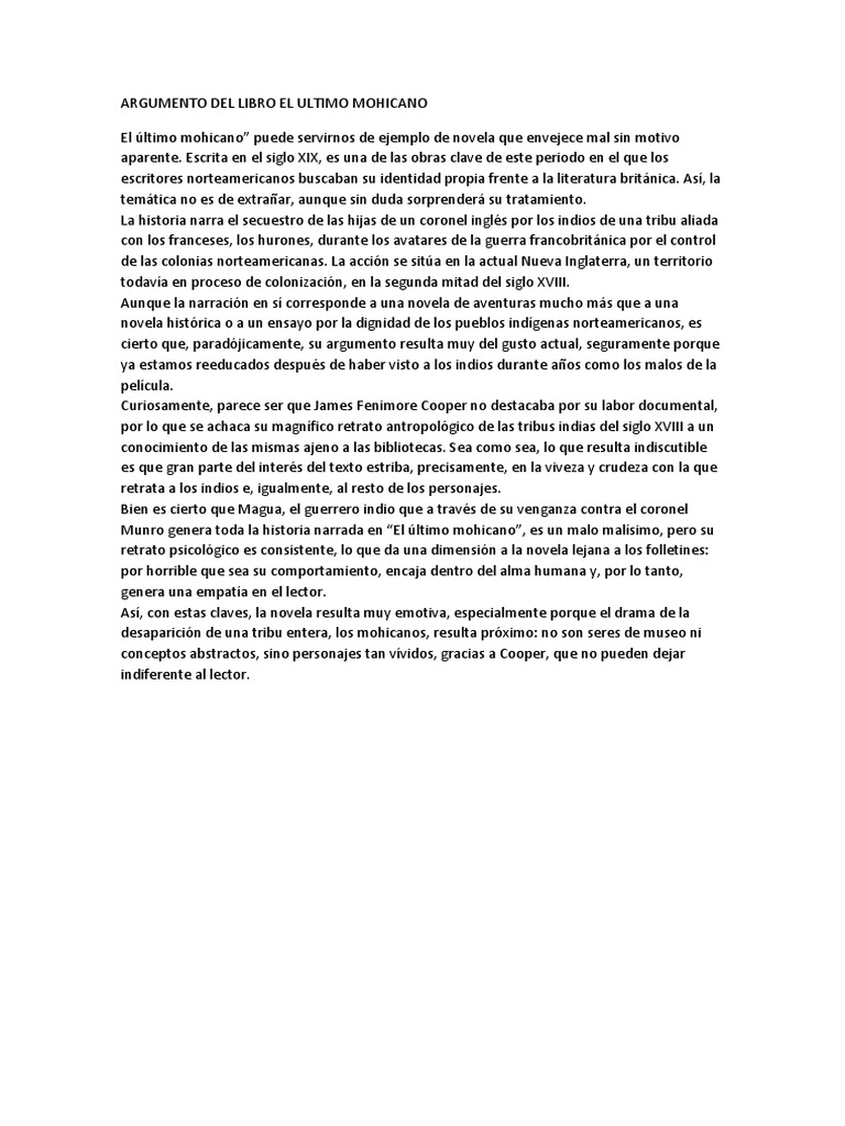 Argumento Del Libro El Ultimo Mohicano | PDF