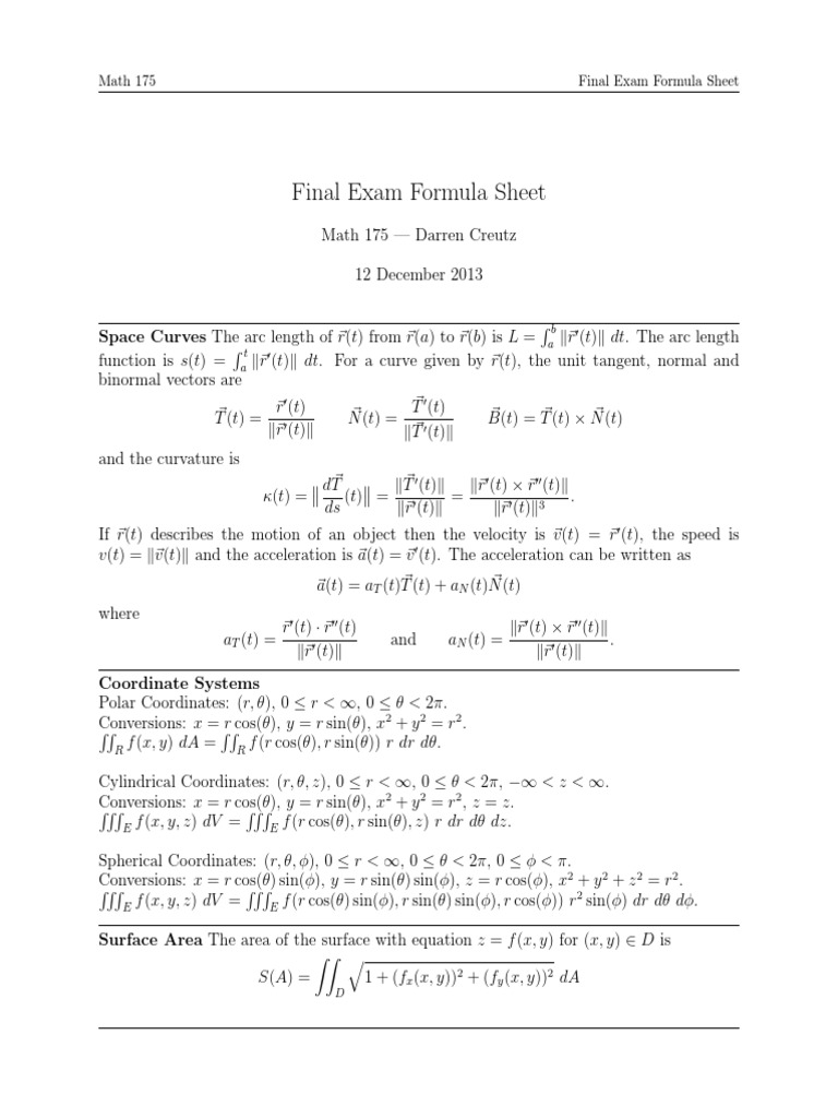 Final Exam Formula Sheet | PDF | Geometry | Mathematical Analysis