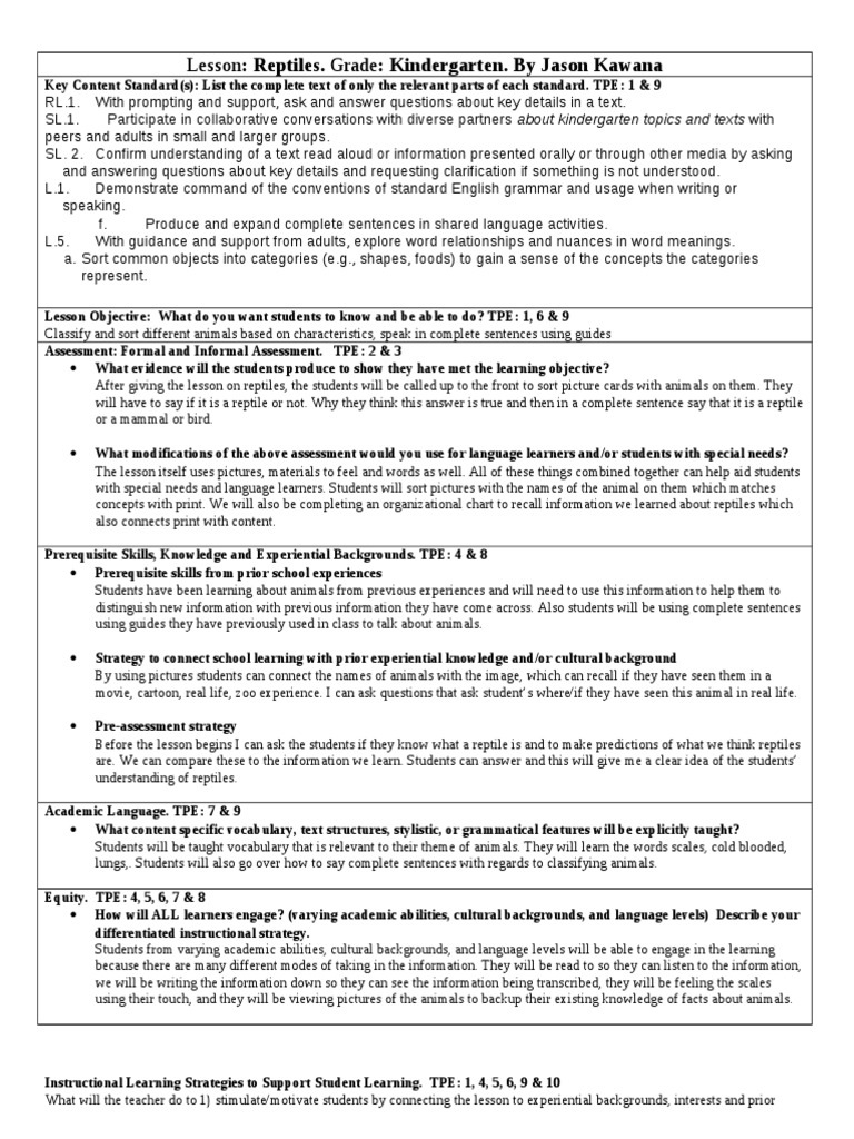 Reptiles Lesson Plan | PDF | Metacognition | Learning
