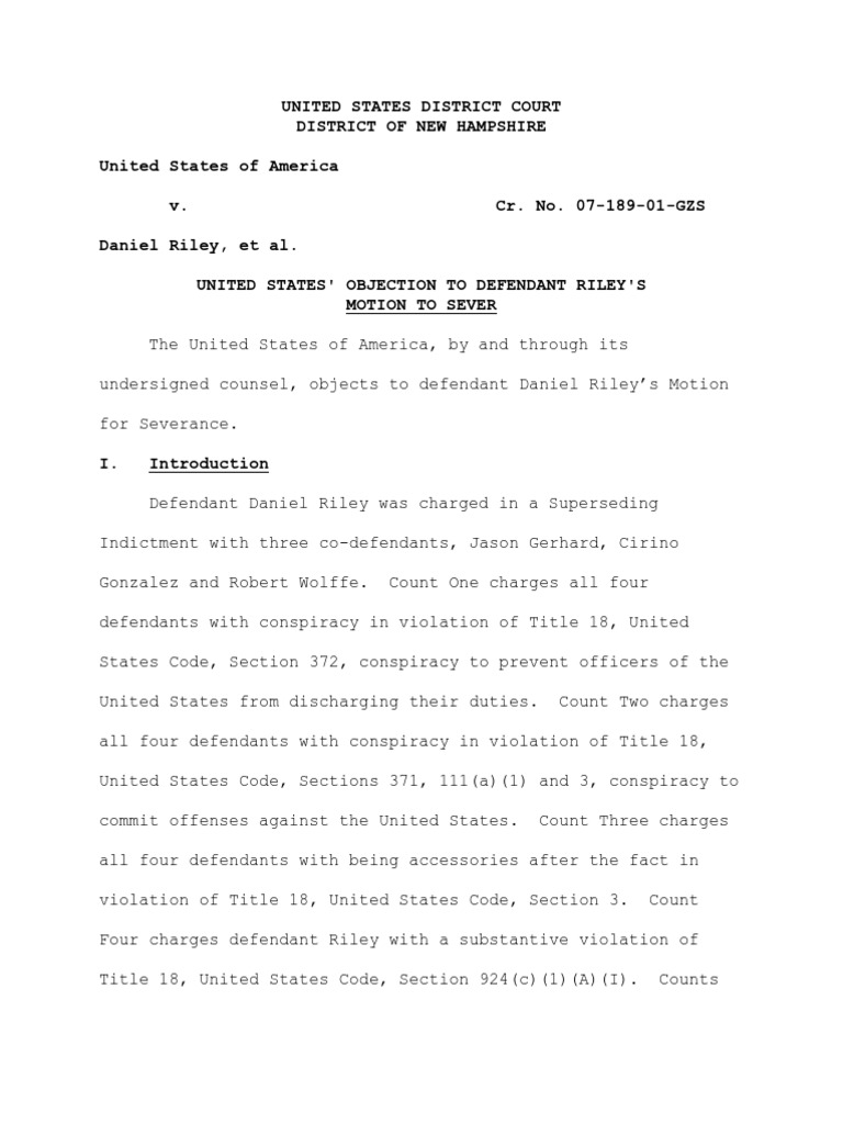 Federal District Court, Objection To Defendant Riley's Motion To Sever ...