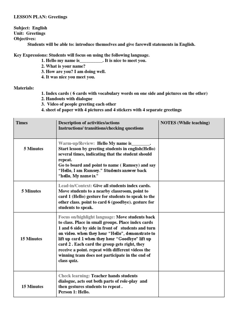 Grade 1 Greetings Lesson Plan | PDF