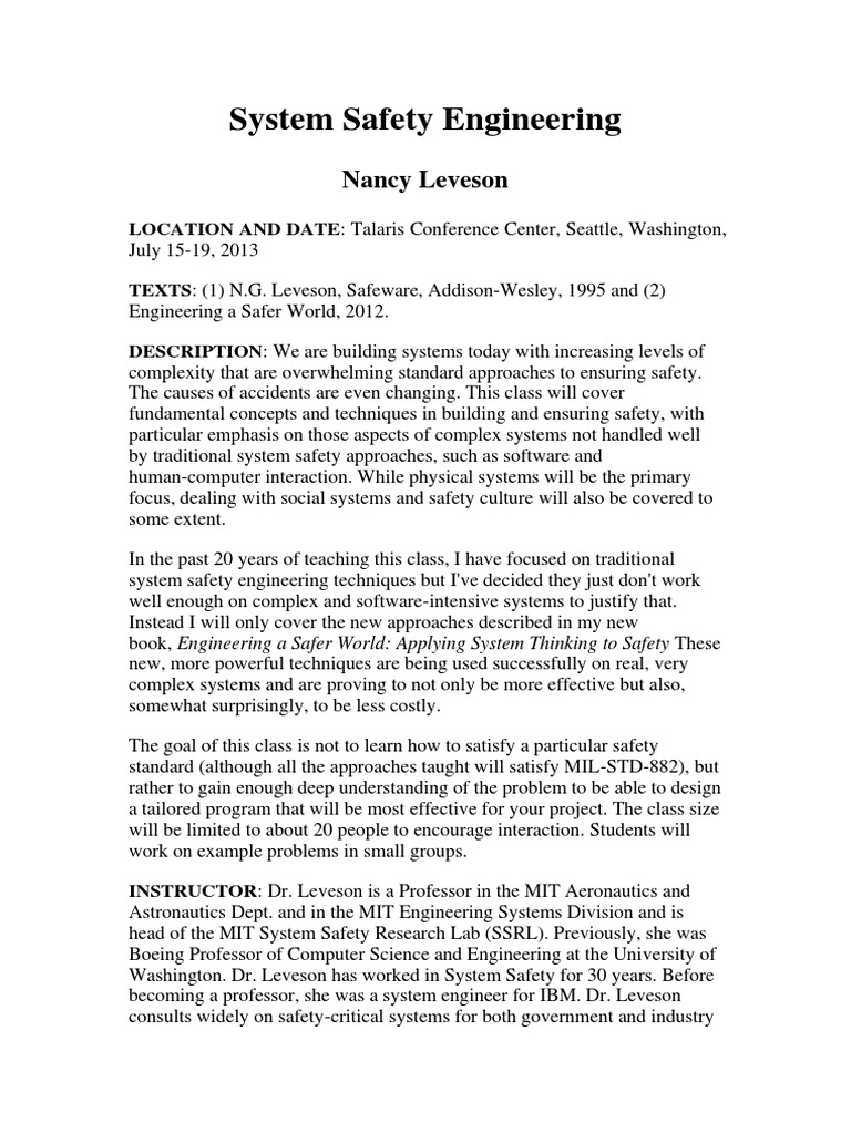 System Safety Engineering | PDF | Engineering | Science And Technology