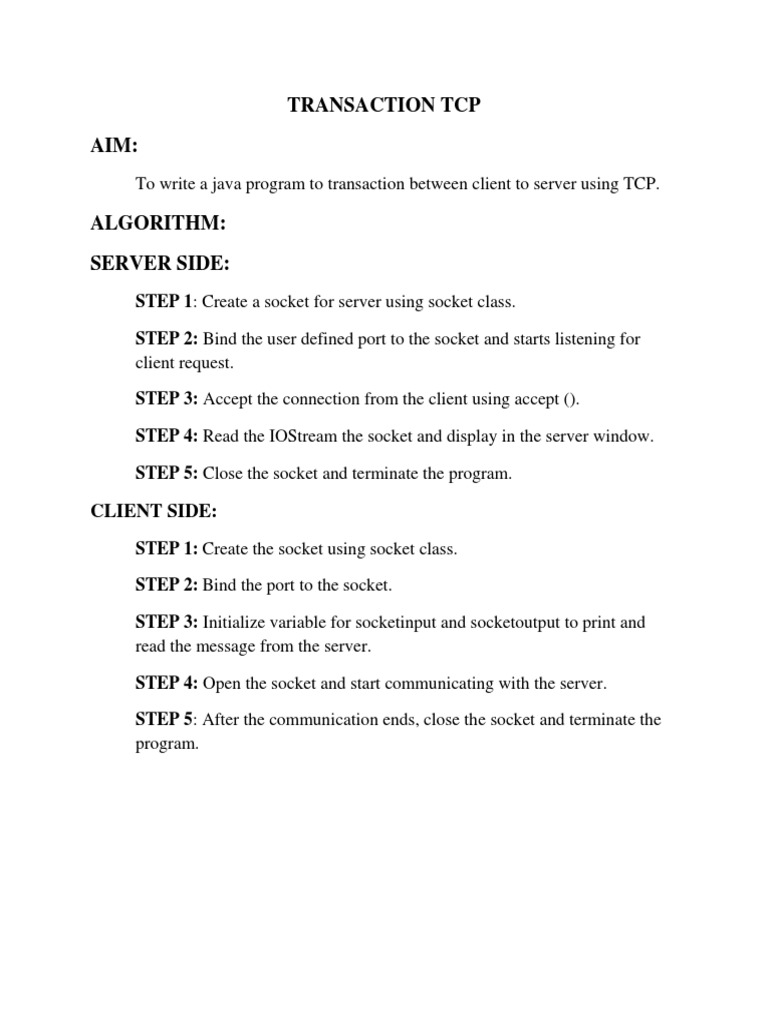 Transaction TCP Aim:: To Write A Java Program To Transaction Between ...