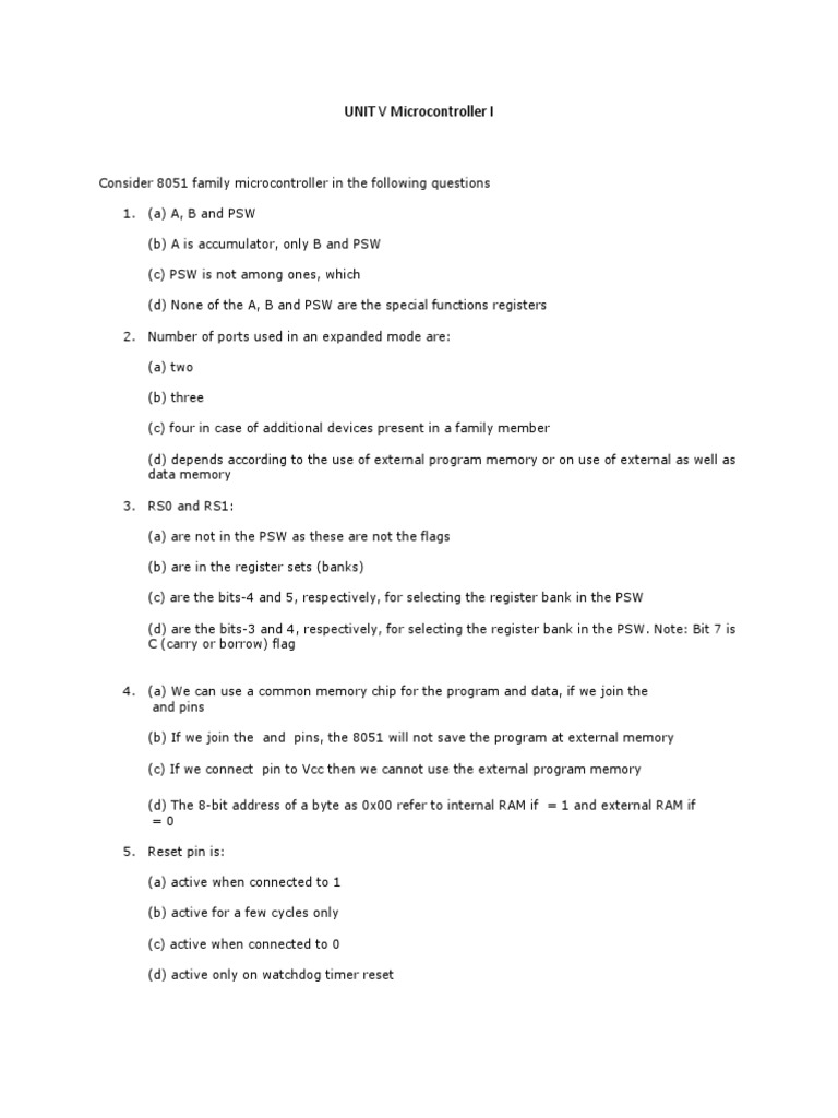 UNIT V Microcontroller I - MCQs | PDF | Instruction Set | Electronic ...