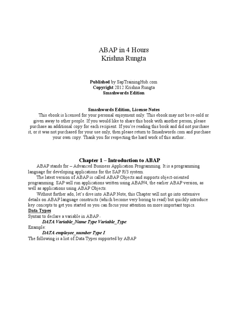Abap In 4 Hours Pdf Subroutine Digital Technology
