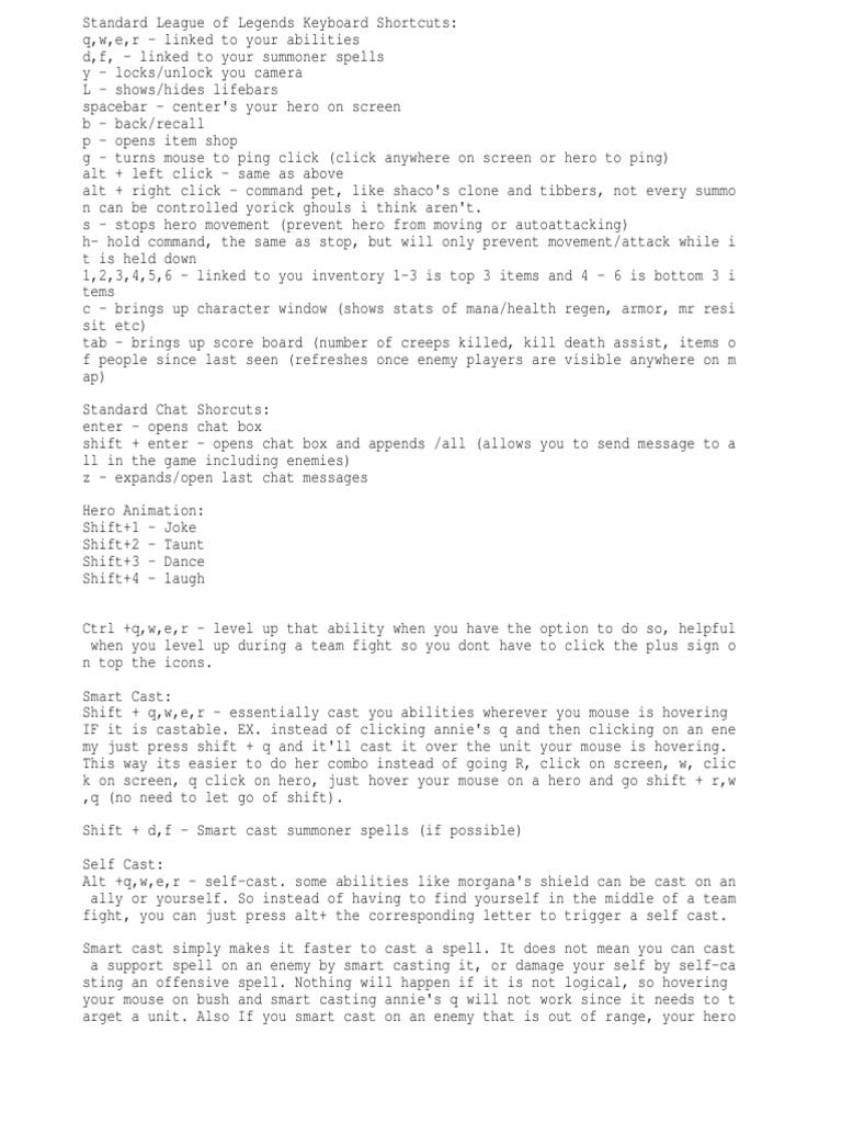 Standard League of Legends Keyboard Shortcuts | PDF | Keyboard Shortcut ...