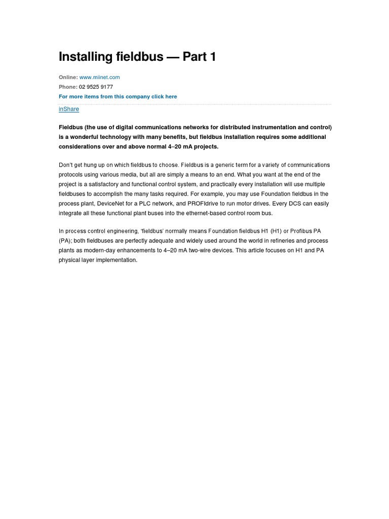 Installing Fieldbus - Part 1: Inshare | PDF | Cable | Power Supply