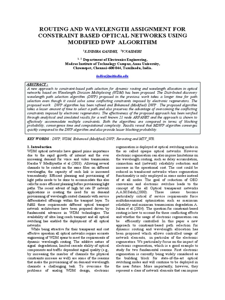 Routing and Wavelength Assignment For Constraint Based Optical Networks Using Modified DWP ...