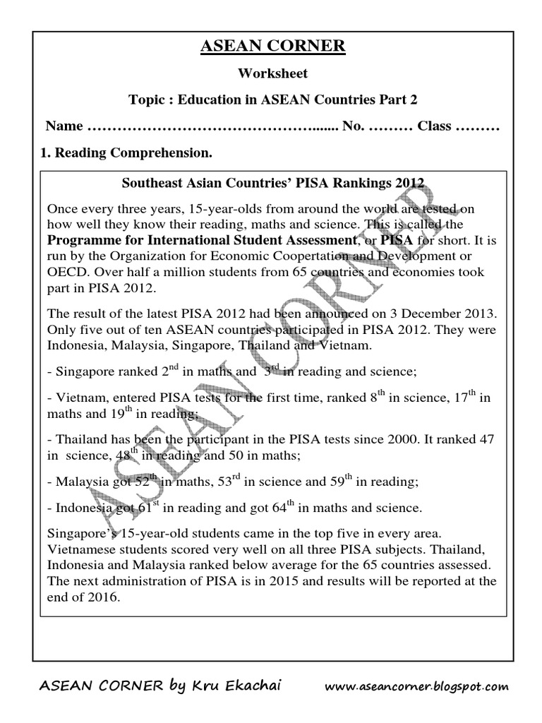 ASEAN PISA Rankings 2012 Worksheet | PDF | Programme For International ...