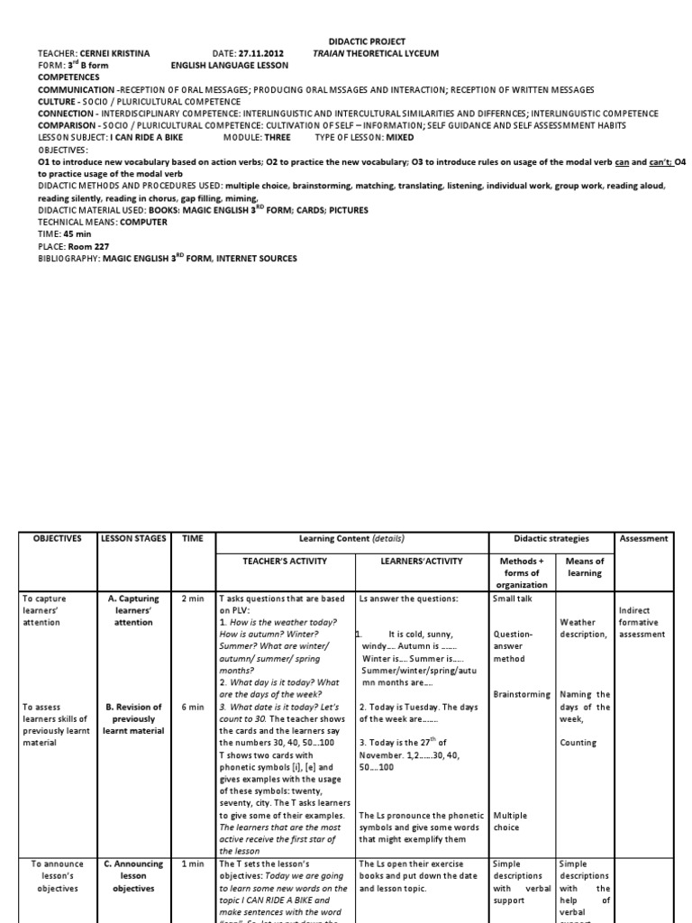 Lesson Plan Class - 3 | PDF | English Language | Educational Assessment