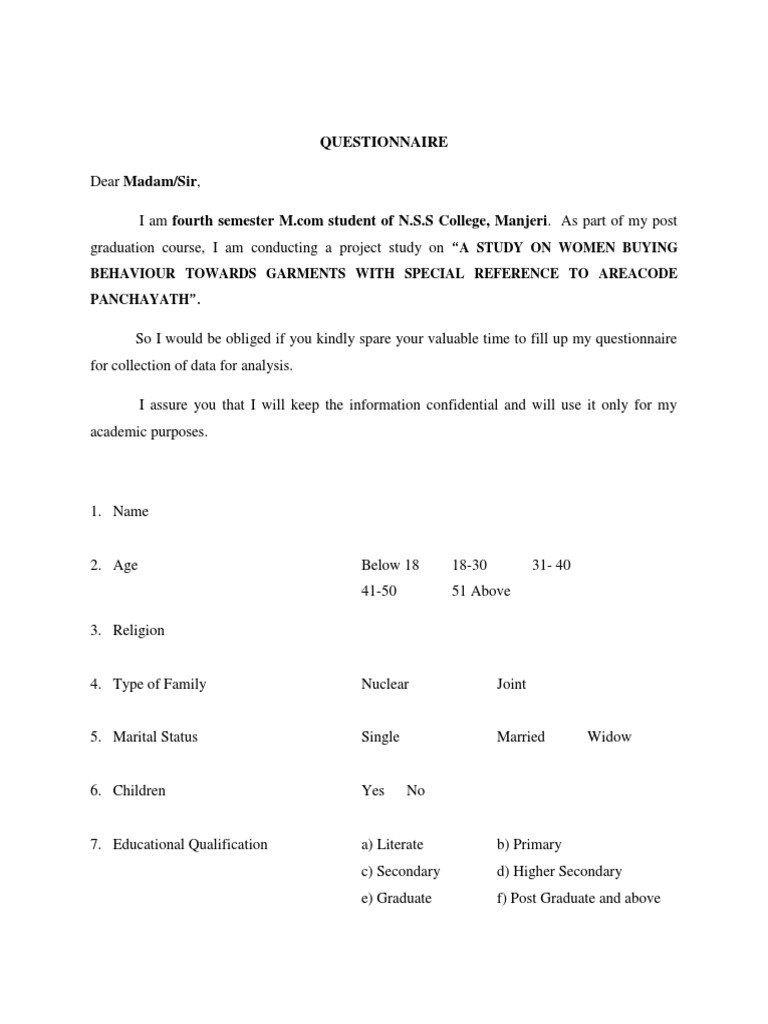 Questionnaire Garment Buying Behaviour | PDF | Clothing | Marketing
