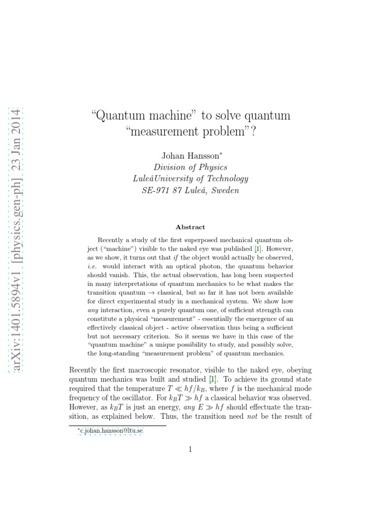 Quantum Machine To Solve Quantum Measurement Problem - Johan Hansson ...