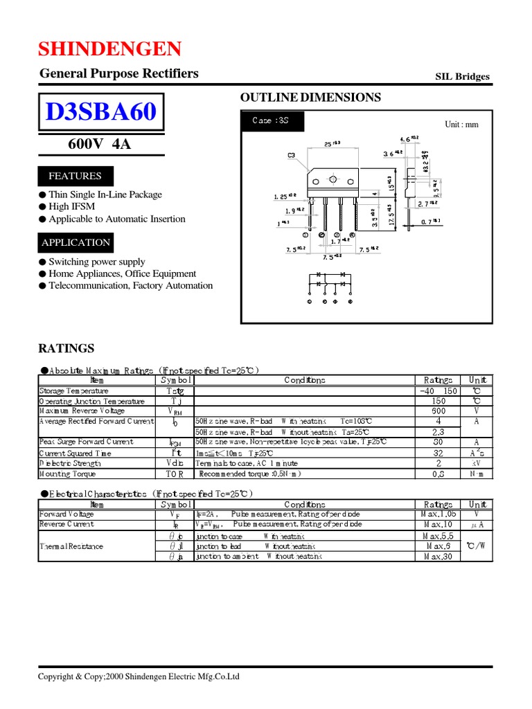 D3SBA60 - General Purpose Rectifiers (600V 4A) - Shindengen Electric ...