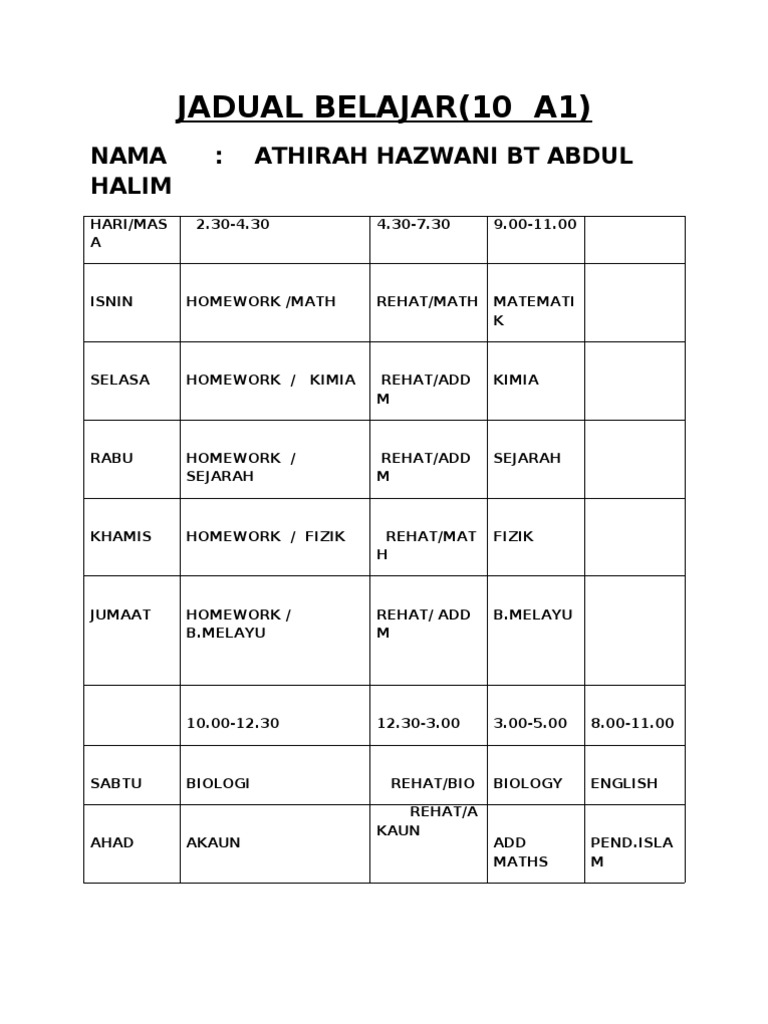 Jadual Belajar | PDF