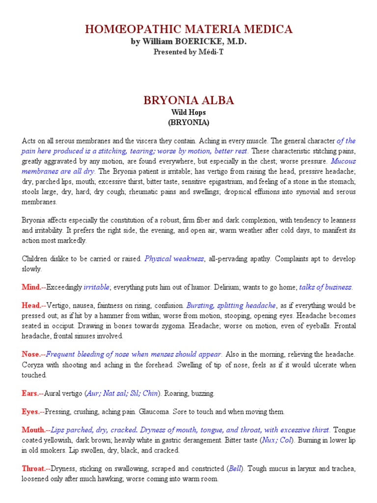 Bryonia Alba - Homoeopathic Materia Medica - by William Boericke | PDF ...