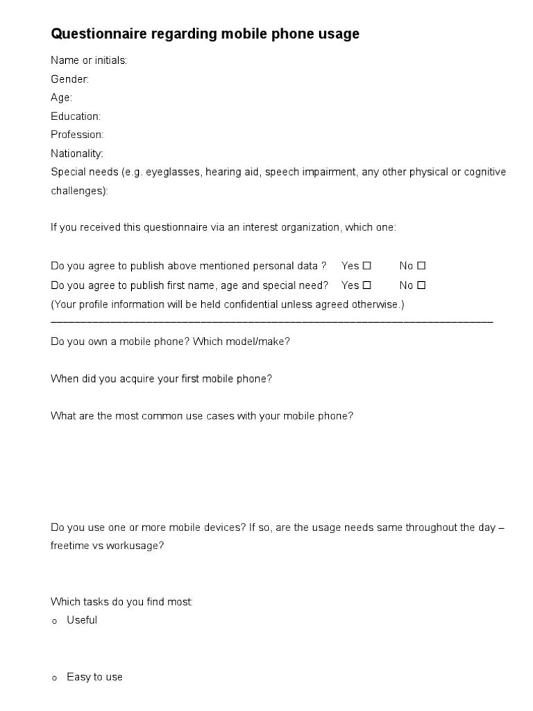 Questionnaire Regarding Mobile Phone Usage | PDF | Mobile Phones ...