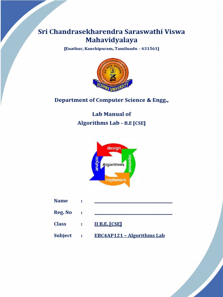 Algorithms Lab Manual (SCSVMV DU) | PDF | Algorithms And Data Structures | Mathematical Concepts