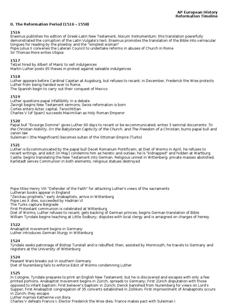 AP European History Reformation Timeline II. The Reformation Period ...